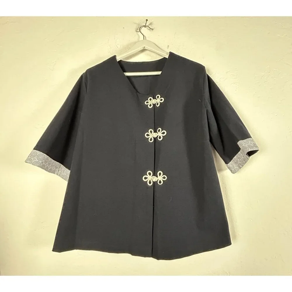 Jackets & Coats | Womens Black Jacket White Frog Closures Printed Cuffs ...